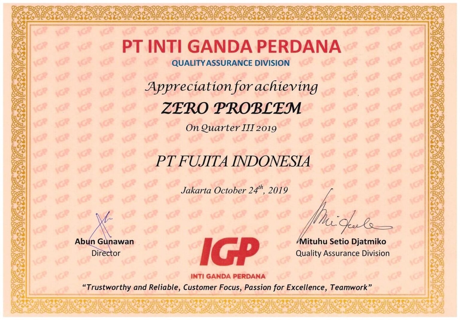 Certificates - PT. Fujita Indonesia